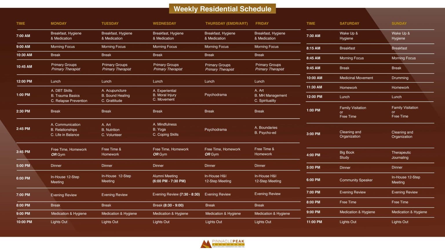 Weekly Schedule | Pinnacle Peak Recovery